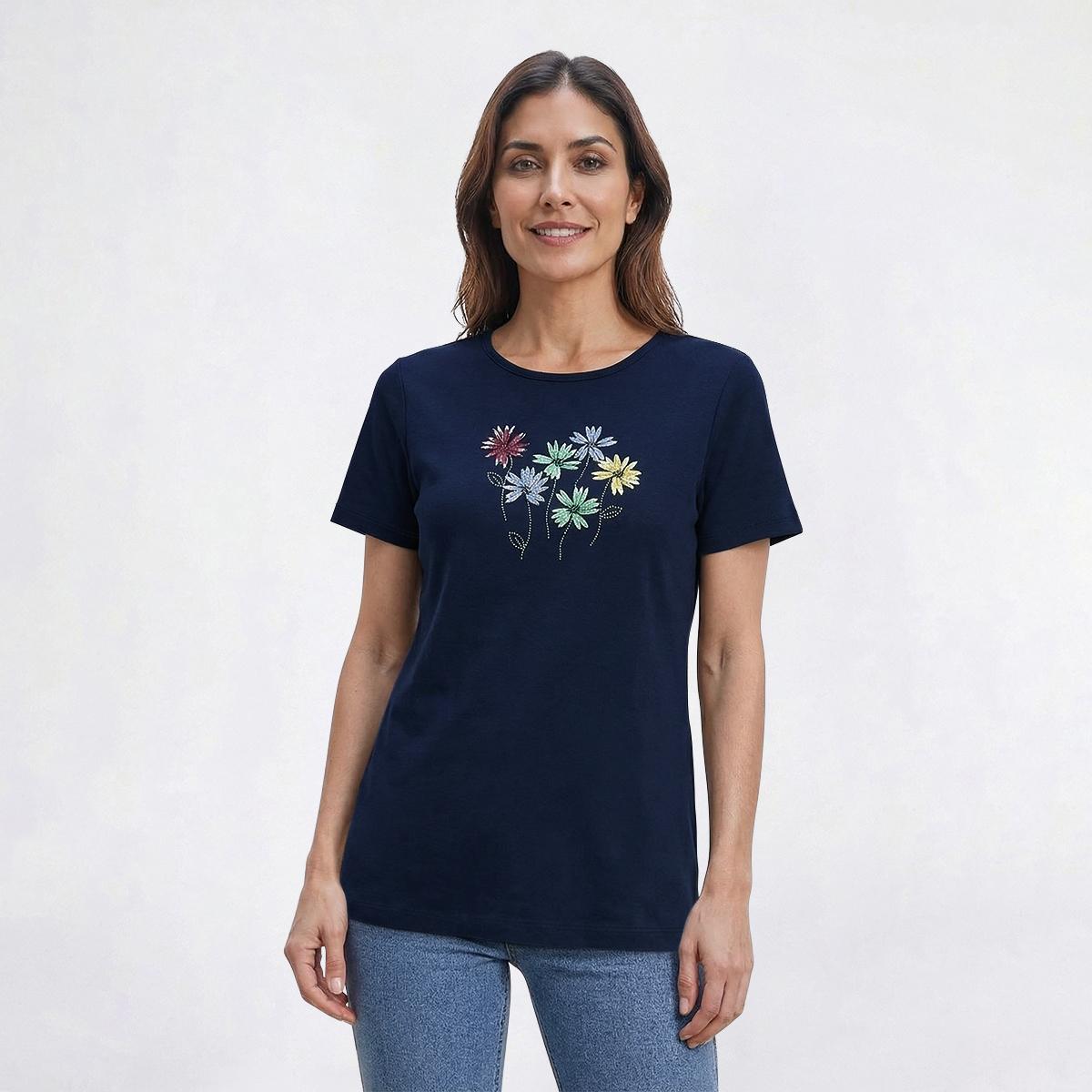 Click here for Petite Bonnie Evans Floral Cluster Short Sleeve Te... prices